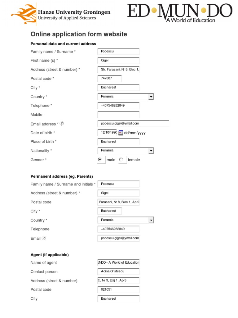 EDMUNDO - Hanze University Groningen - Model Application Form | PDF | Diploma | Passport