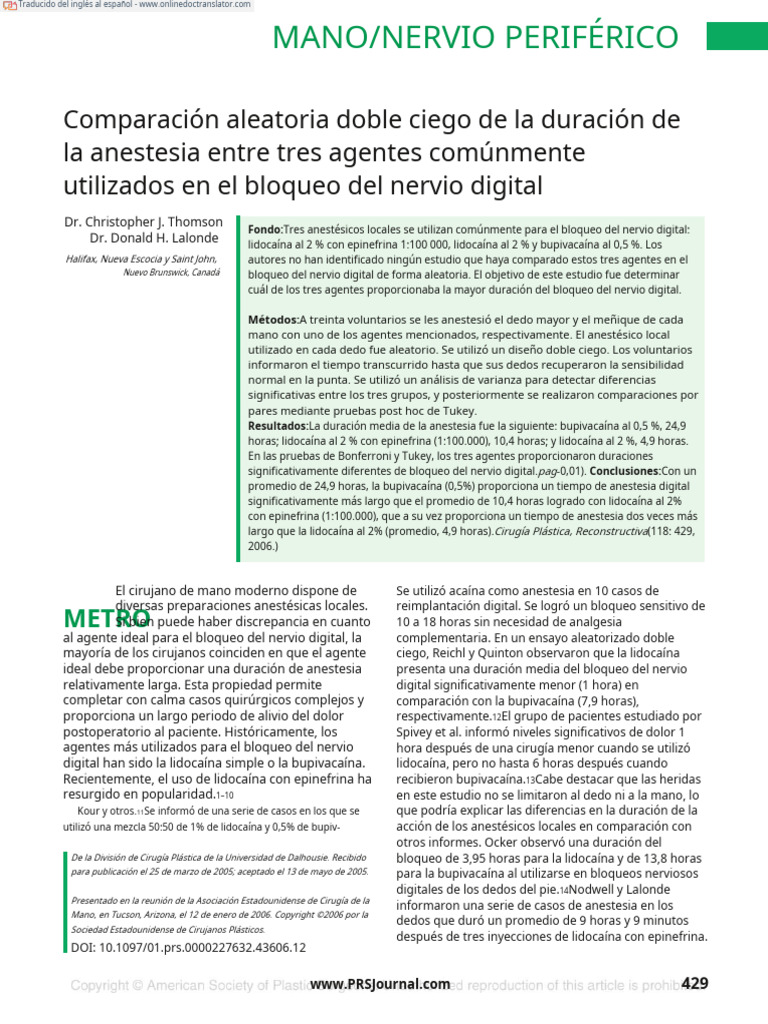 Duración de Anestesia en Bloqueo Digital | PDF | Anestesia | Dolor