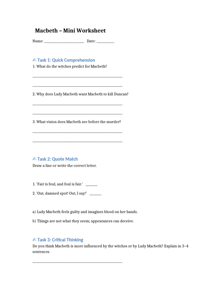 Macbeth Mini Worksheet for Students | PDF