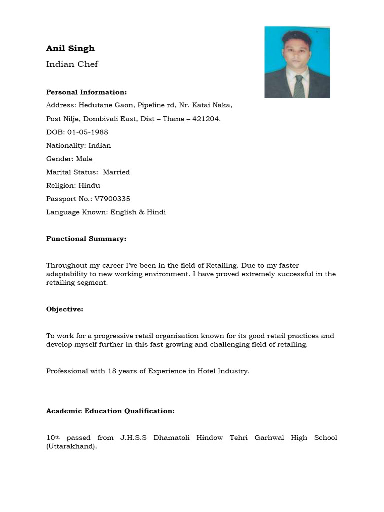 Resume & Documents of Anil Singh - All Rounder Chef | PDF