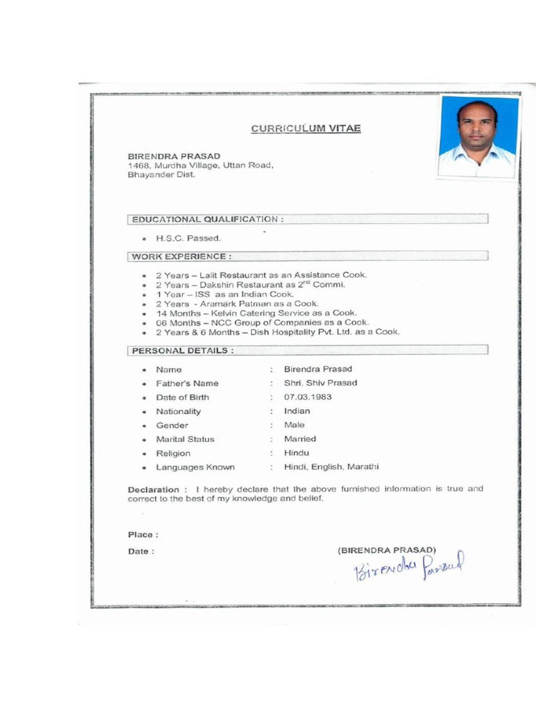 Resume & Plating Technique of Birendra Prasad - All Rounder Chef | PDF