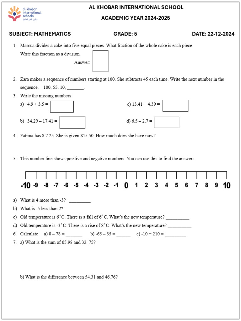 Grade 5 Math Quiz Term-II 2024-25 Page 1 | PDF