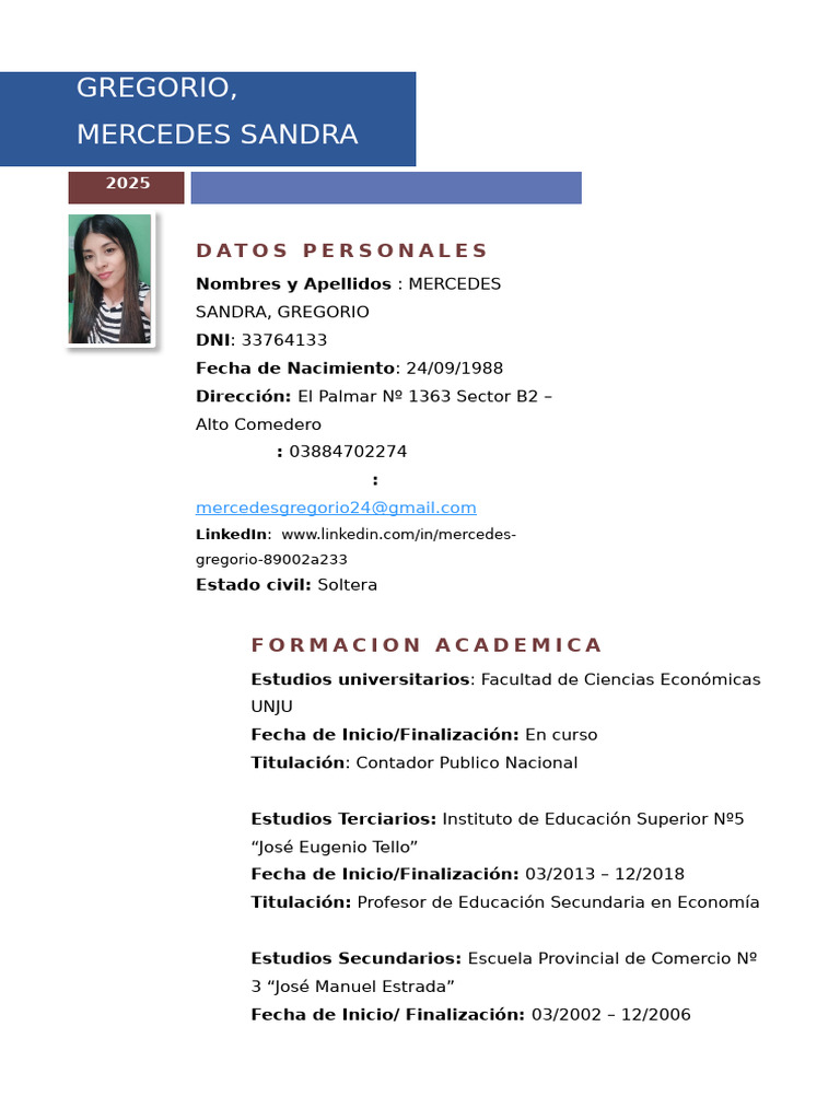 CV de Mercedes Sandra Gregorio | PDF
