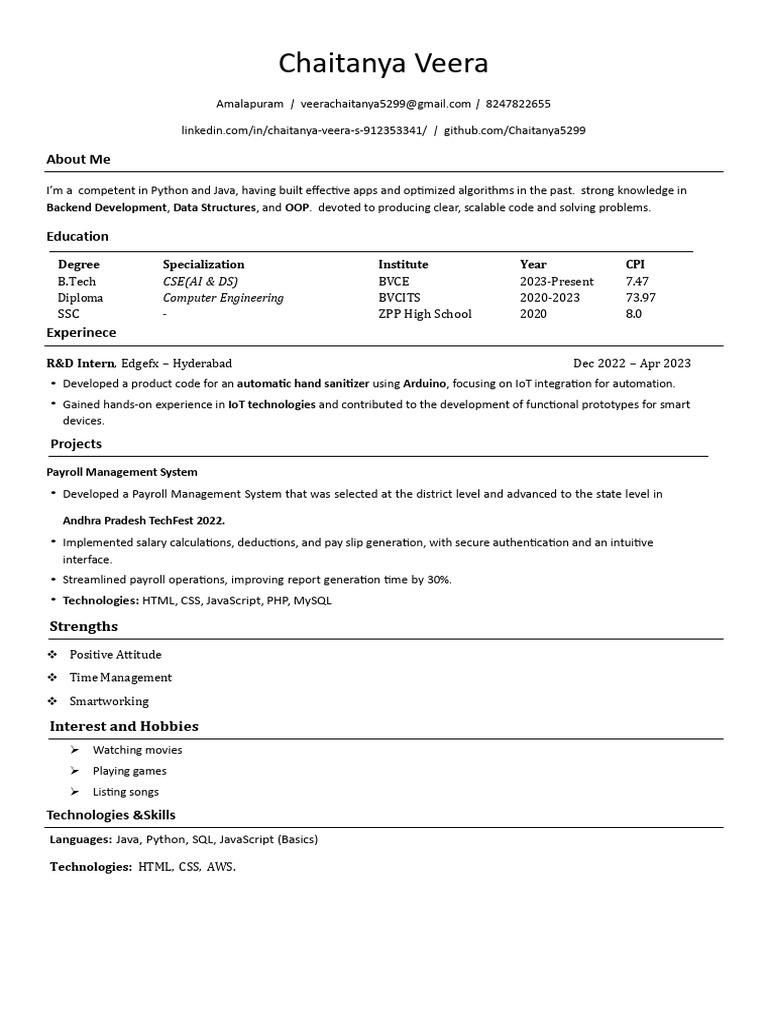 Chai Tanya Veera Resume | PDF