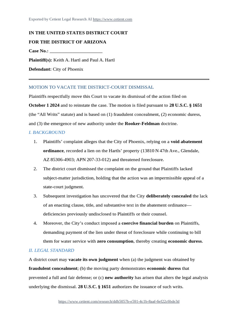 Motion To Vacate Dismissal Fraudulent Concealment Economic Duress PDF ...