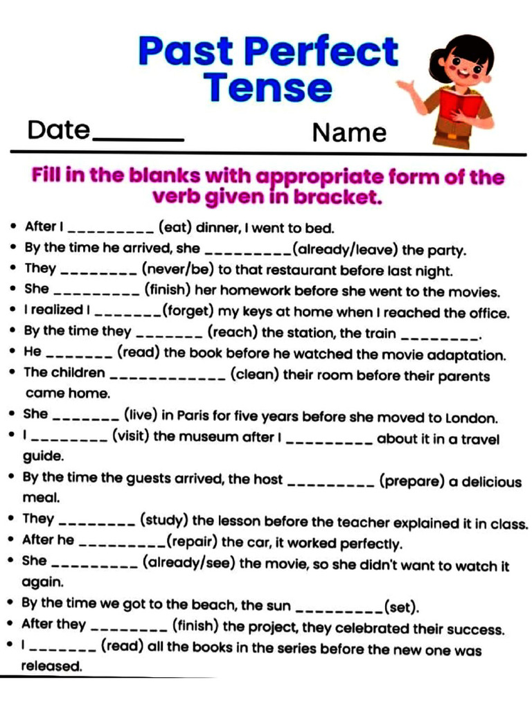 Worksheet, Past Perfect Tense | PDF