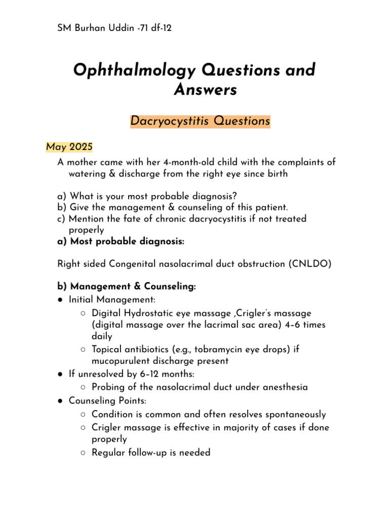 Dacryocystitis and Cataract With Answer Updated 2025 | PDF | Cataract ...