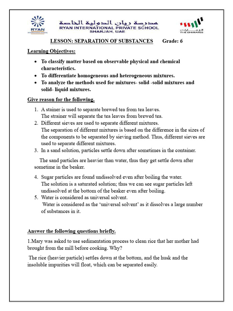 Separation of Substances for Grade 6 | PDF | Mixture | Solubility
