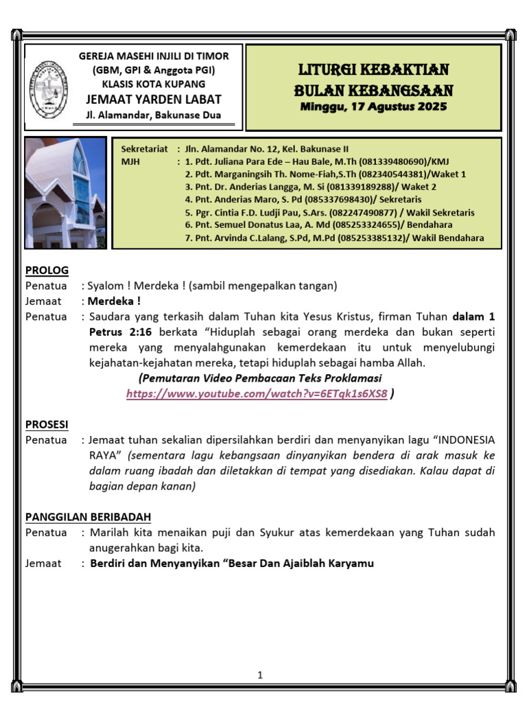Liturgi Kebaktian Minggu, 17 Agustus 2025 | PDF