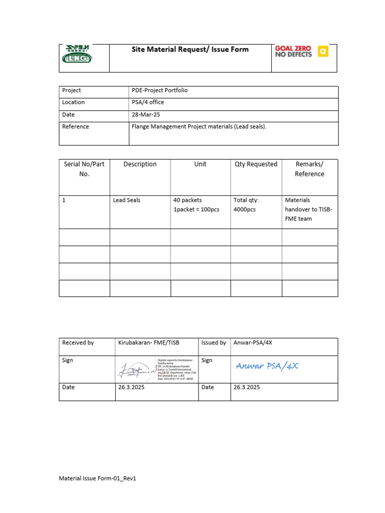 Lead Seal Material Receiving Receipt | PDF