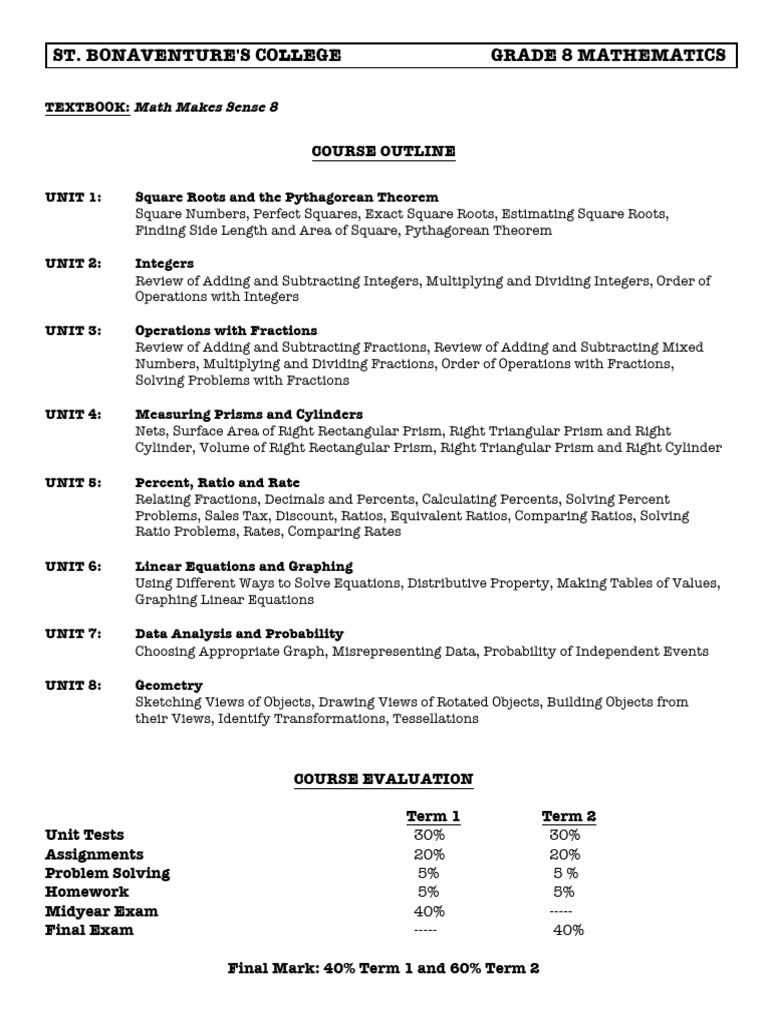 Grade 8 Math Course Outline | PDF
