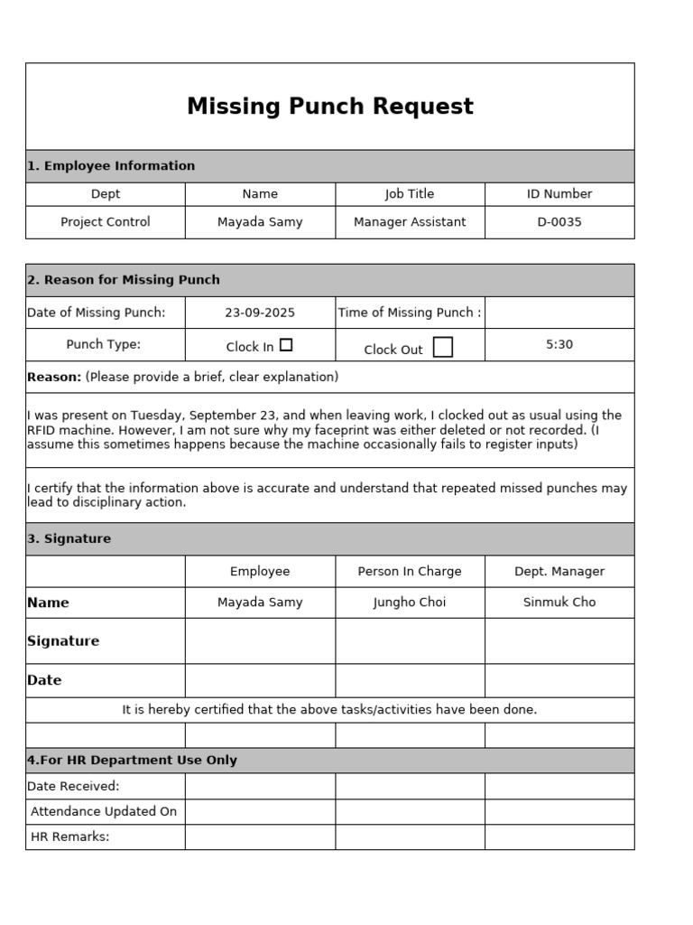 Missing Punch Request Form | PDF
