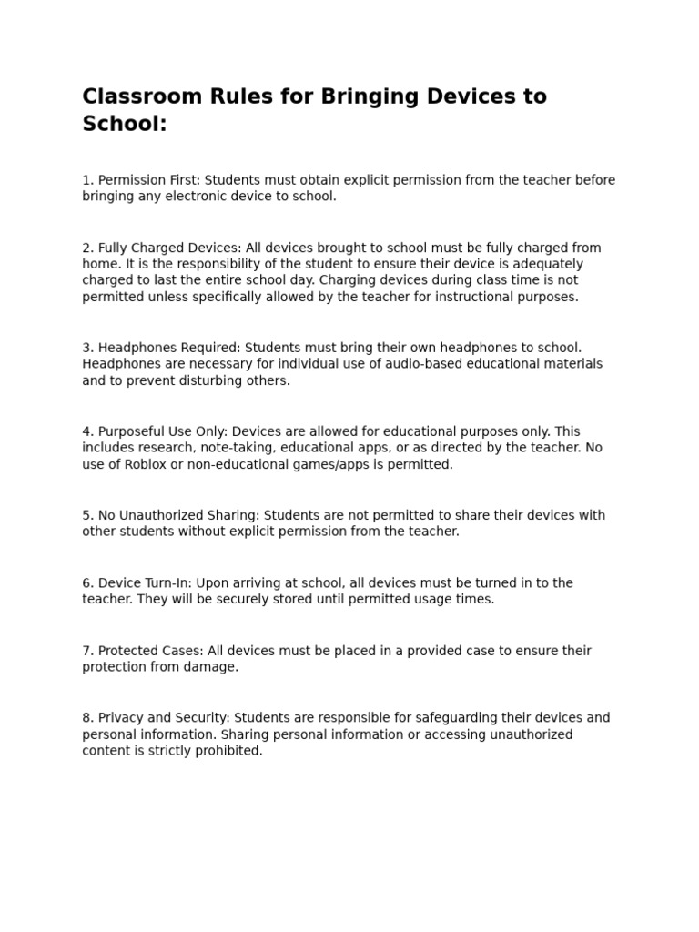Classroom Rules For Bringing Devices To School | PDF
