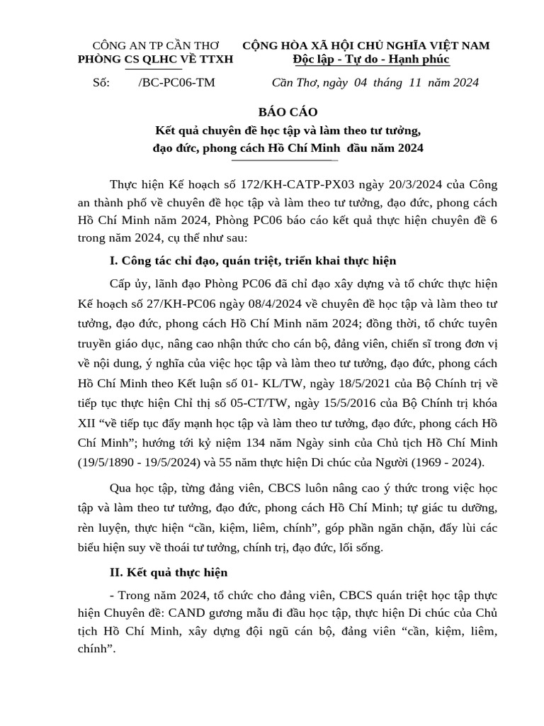 Bao Cao Chuyen de Hoc Tap Va Lam Theo TT HCM 2024 Theo KH 172 | PDF