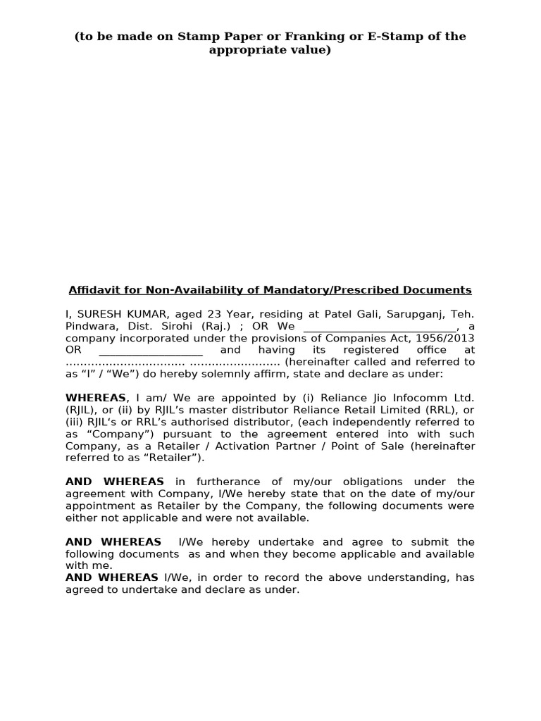 Jio Retailer Affidavit for Missing Docs | PDF | Business | Private Law