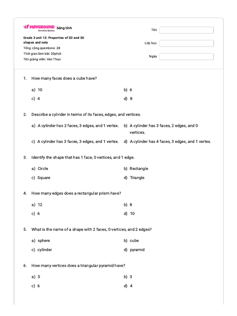 Grade 3 Unit 12 - Properties of 2D and 3D Shapes and Nets - Wayground ...