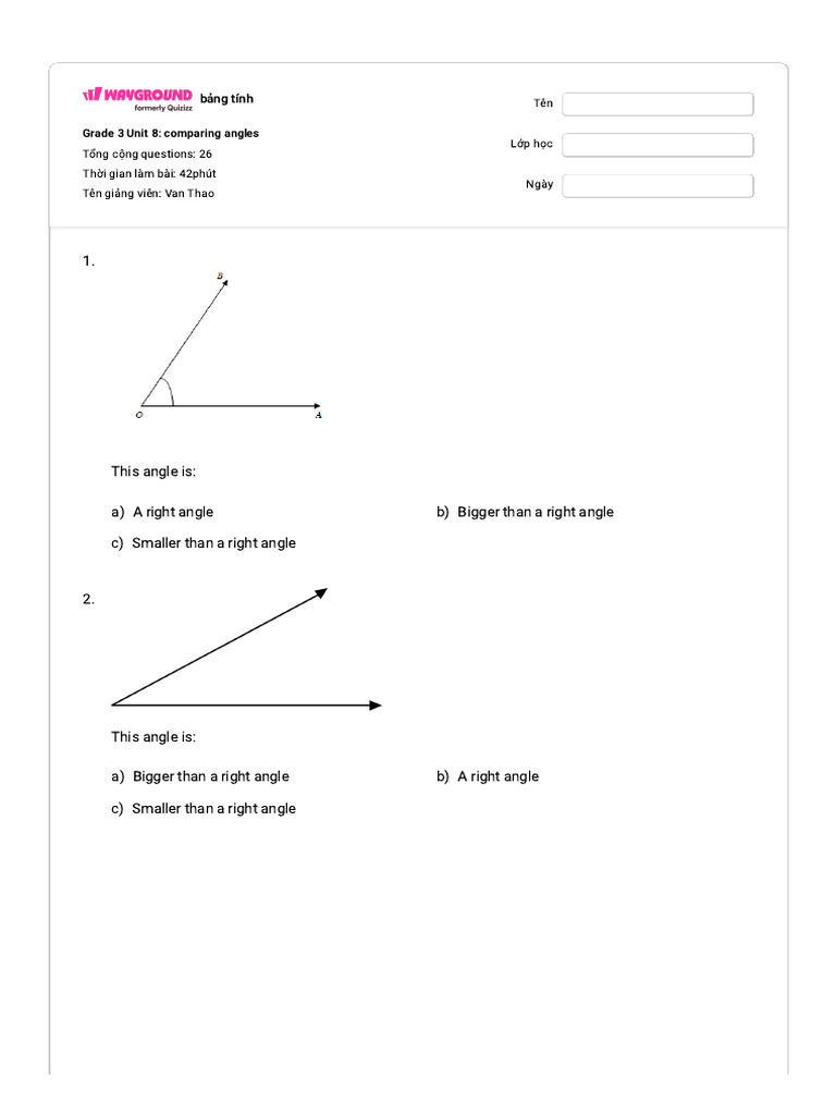 Grade 3 Angle Comparison Quiz | PDF | Geometric Shapes | Geometry