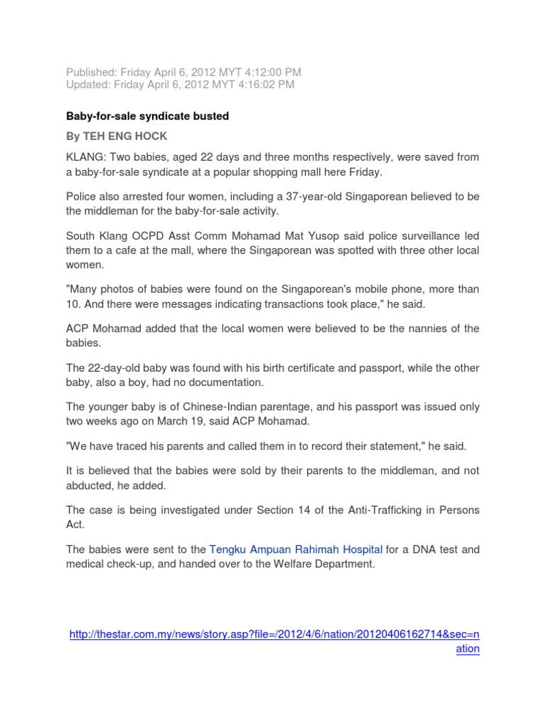Baby-For-Sale Syndicate Busted: by Teh Eng Hock | PDF | Anemia | Violence