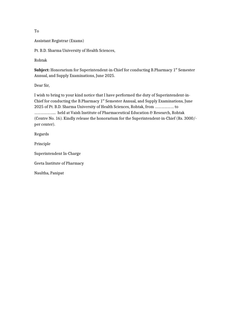 Honorarium Request for B.Pharmacy Exams | PDF