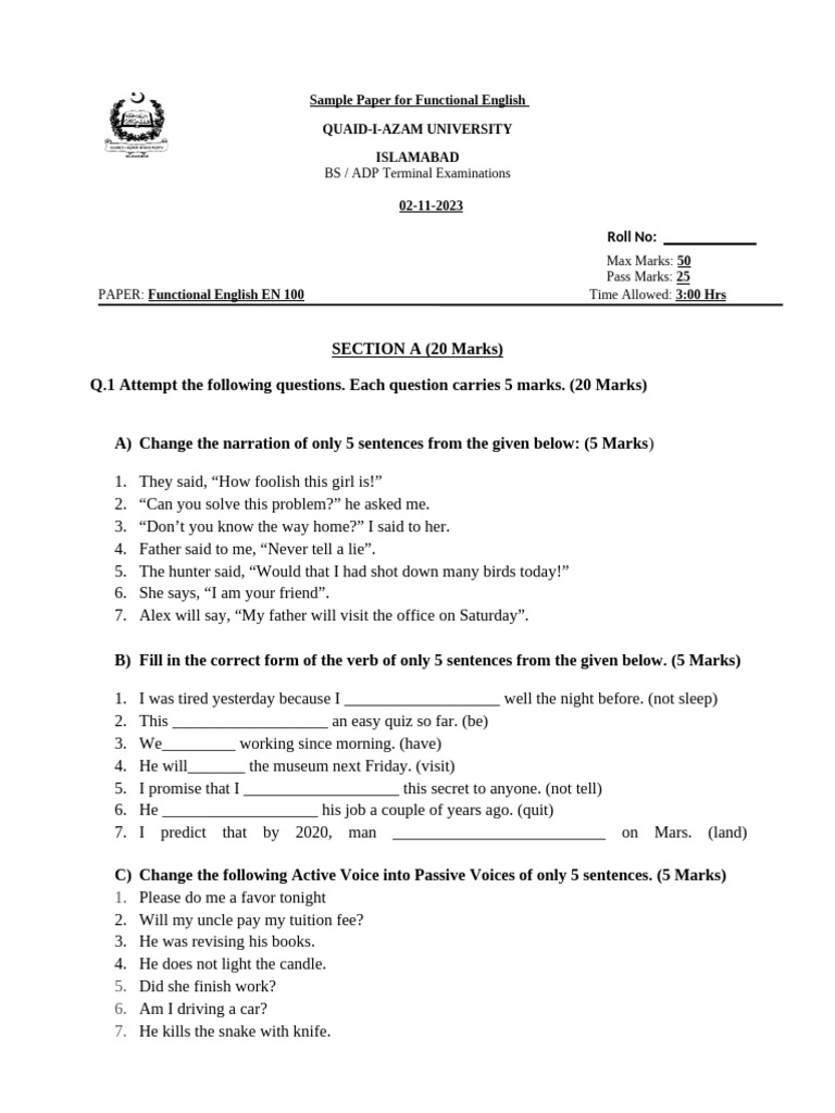 Functional English Exam Paper 2023 | PDF