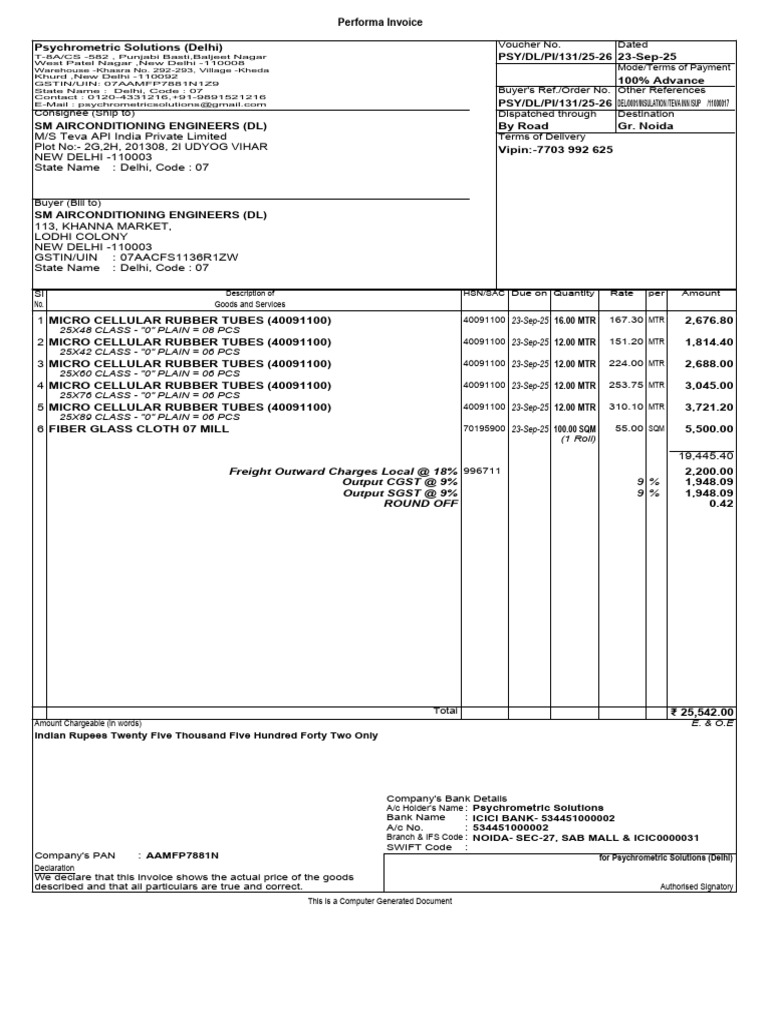 Performa Invoice for Psychrometric Solutions | PDF