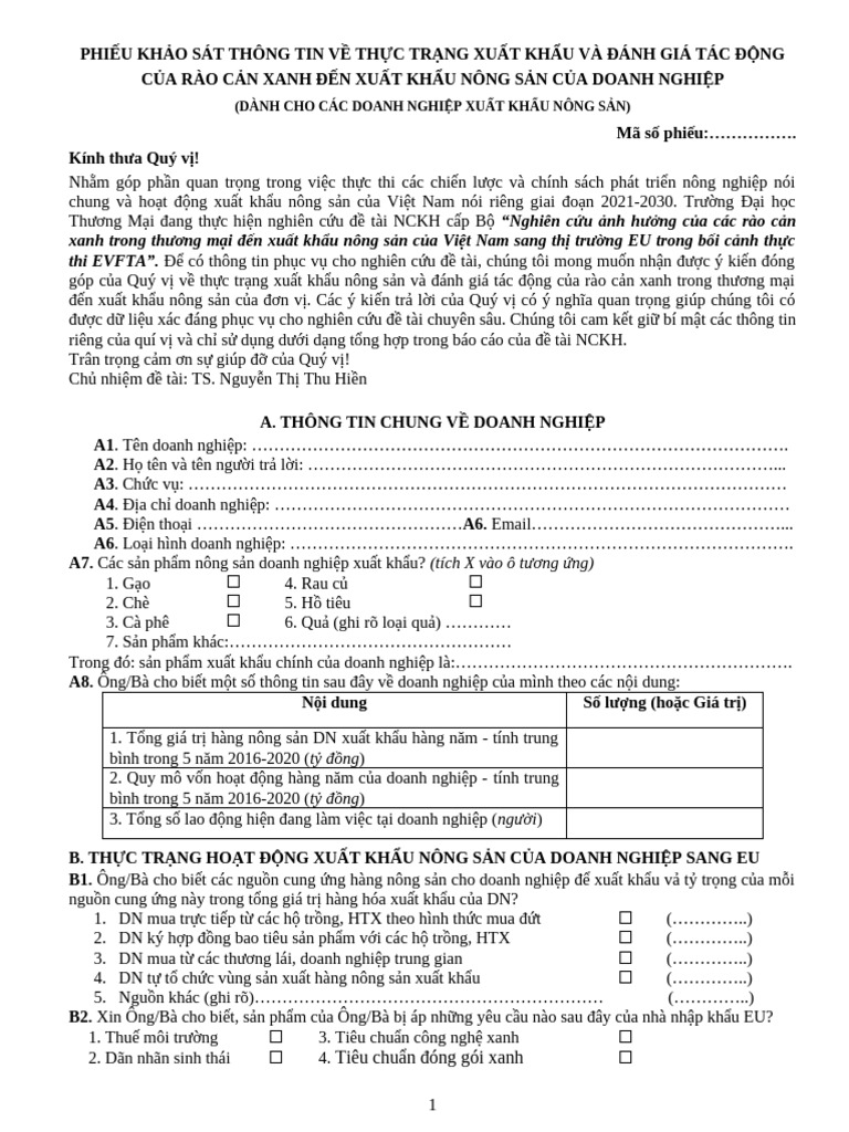 2. Phiếu Khảo Sát Doanh Nghiệp Xuất Khẩu Nông Sản Ver1 | PDF