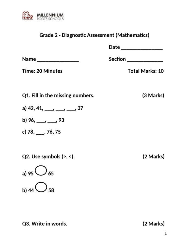 Grade 2 - Mathematics Diagnostic Assessment | PDF