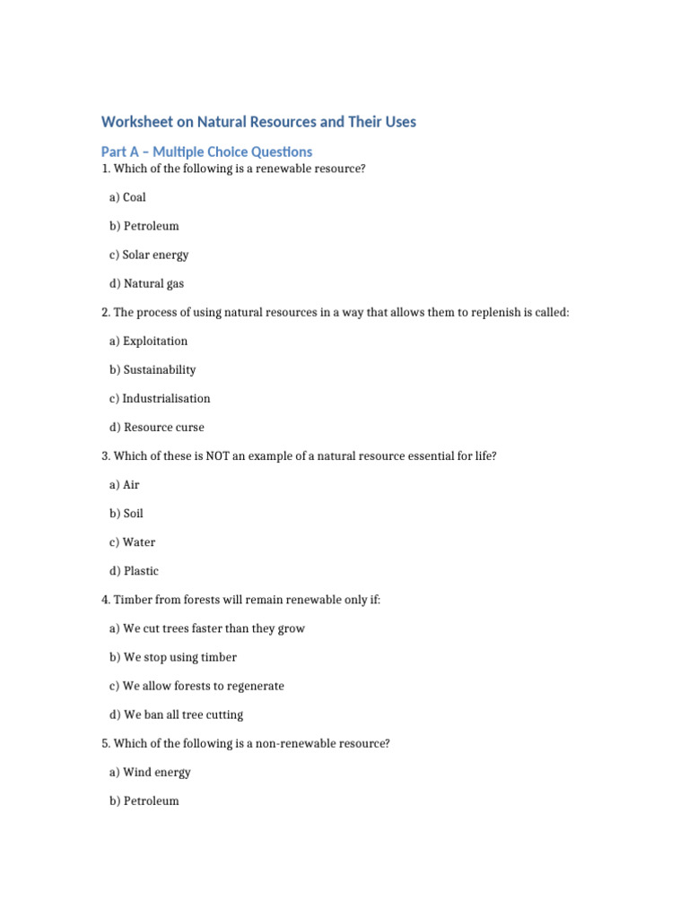 Natural Resources Worksheet and Quiz | PDF | Renewable Resources ...