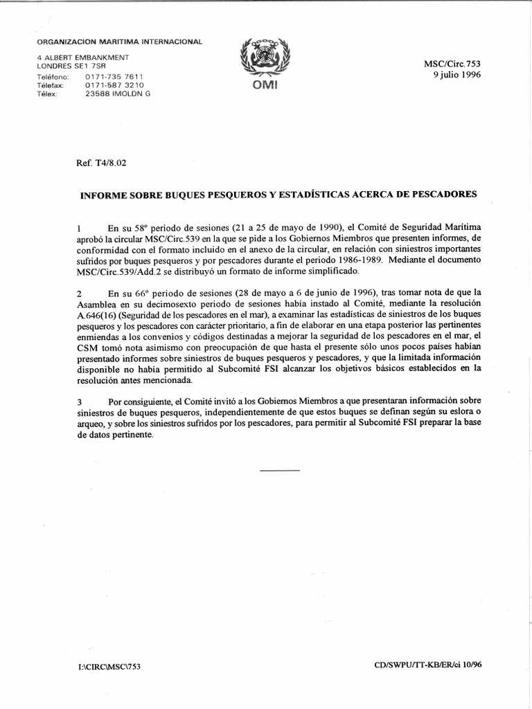 MSC.1-Circ.753 - Informe Sobre Buques Pesqueros Y Estadísticas Acerca de Pescadores (Secretaría ...