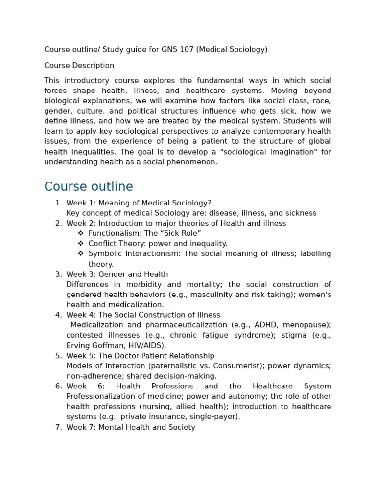 GNS 107: Medical Sociology Overview | PDF | Health Equity | Mental Disorder