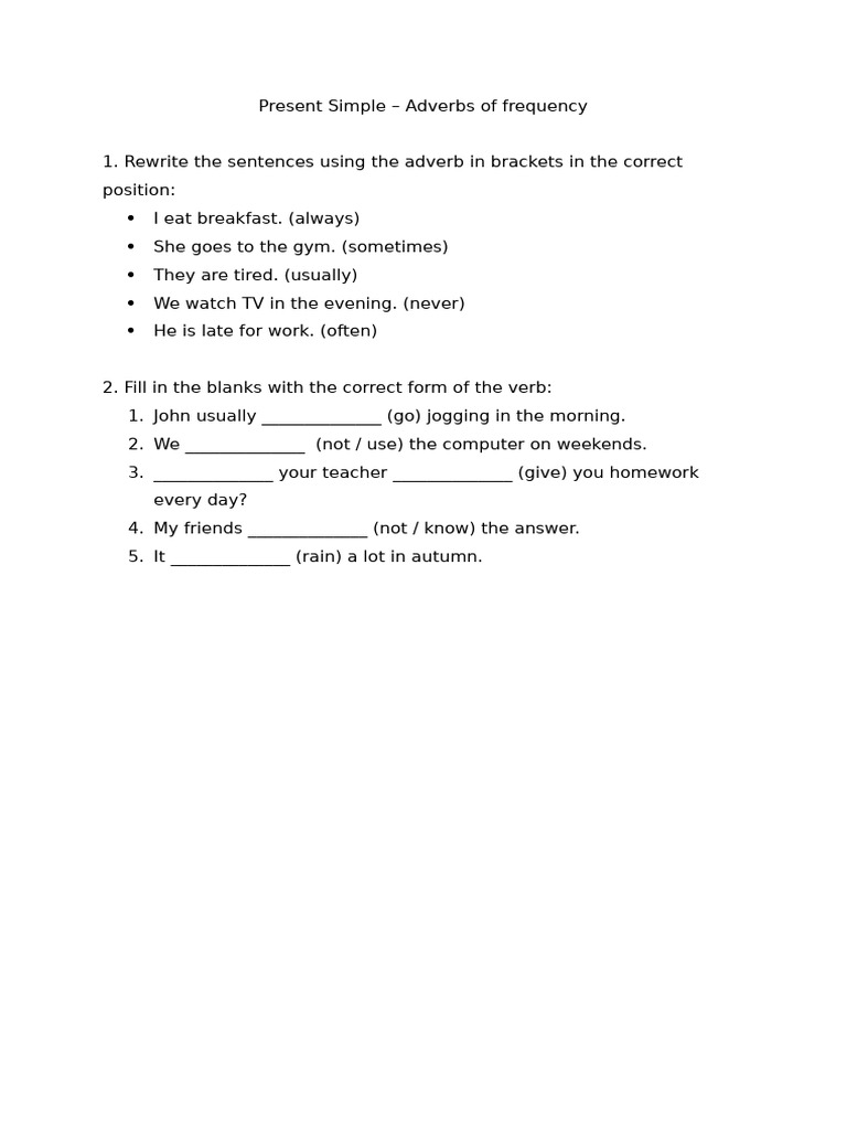 Present Simple: Adverbs of Frequency Exercises | PDF