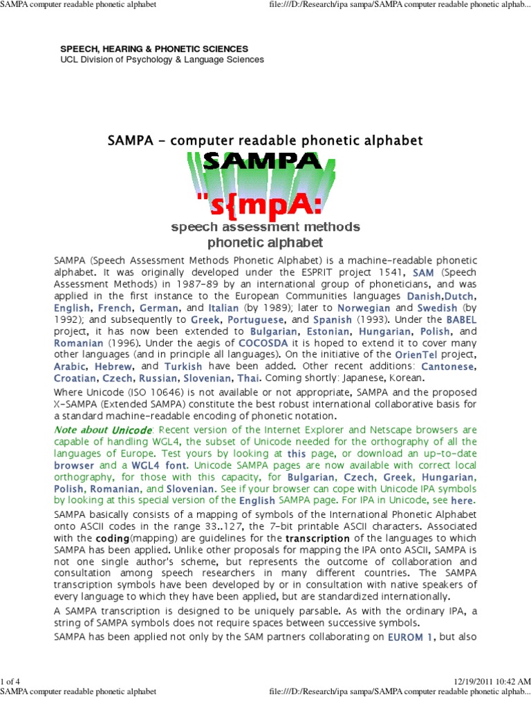 SAMPA Computer Readable Phonetic Alphabet | PDF | Human Communication ...