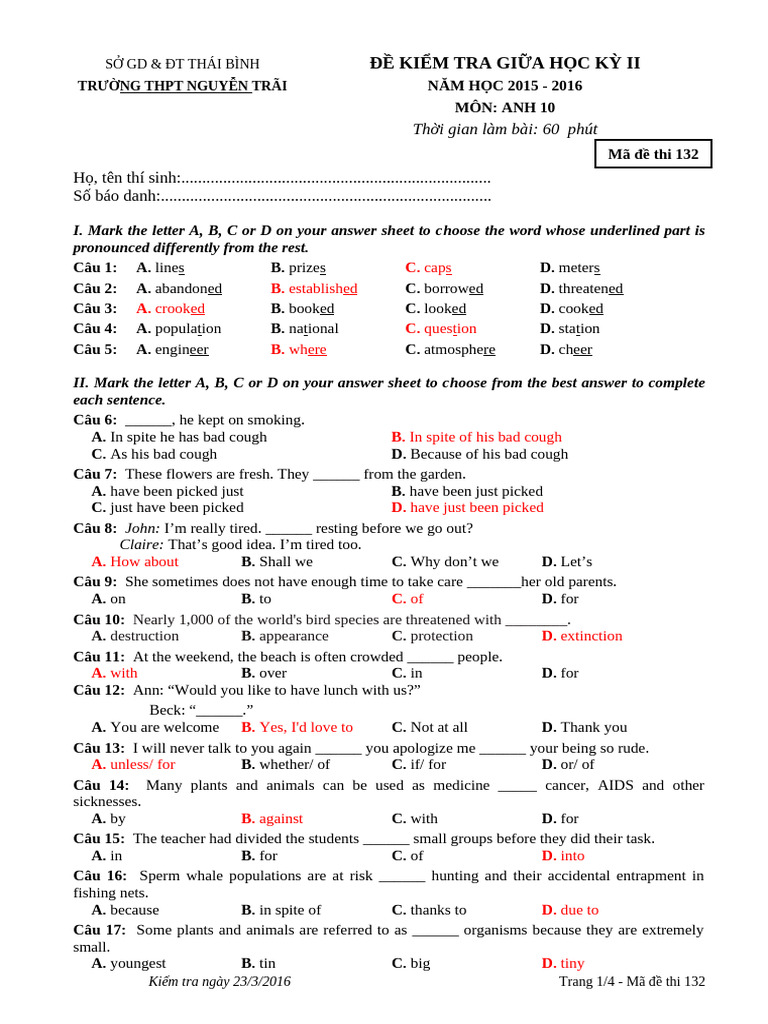 DA Va de Thi Anh 10 Giua Ky II 1516 TR Nguyen Trai | PDF | Giant Panda ...