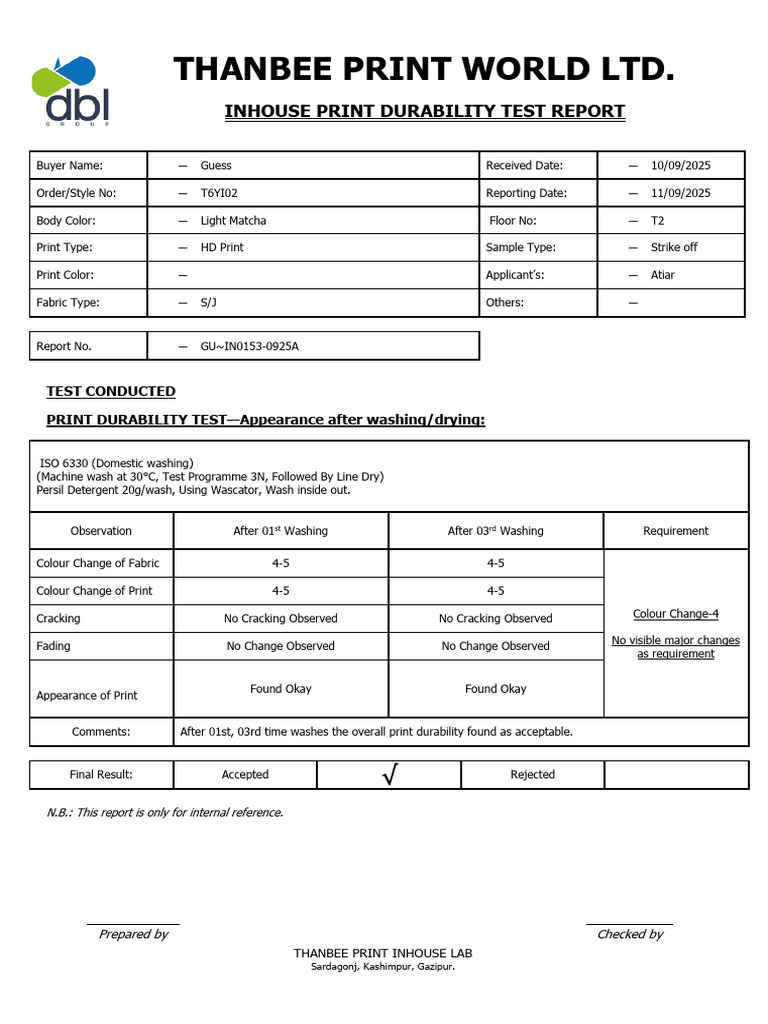 Print Durability Test Report for Guess | PDF