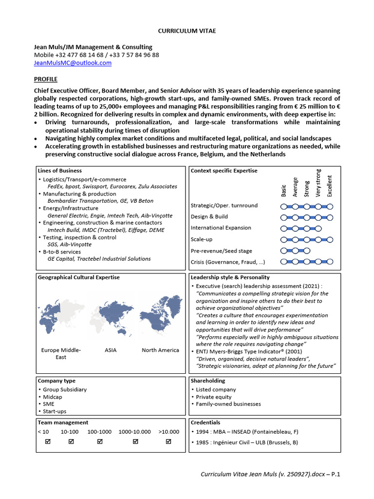 Curriculum Vitae Jean Muls (V. 250927) - One Pager | PDF | Economies ...
