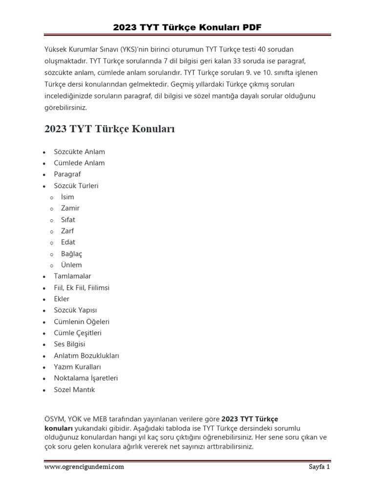 2023 TYT Turkce Konulari PDF Indir | PDF