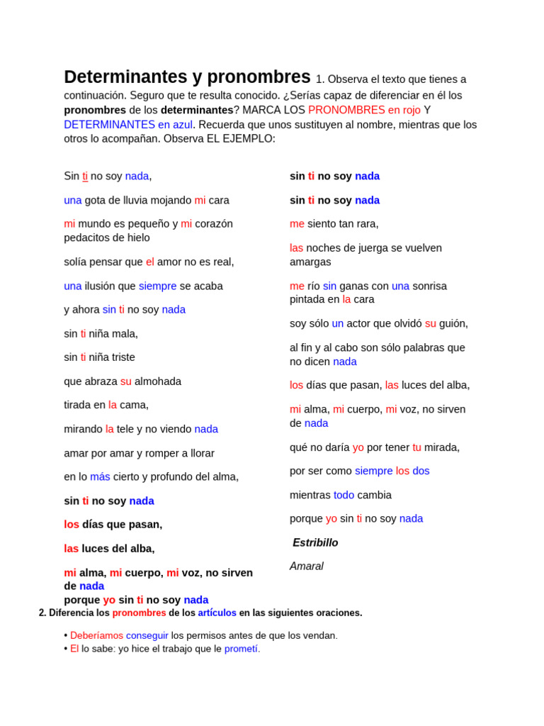 Determinantes y Pronombres Actividades | PDF | Pronombre