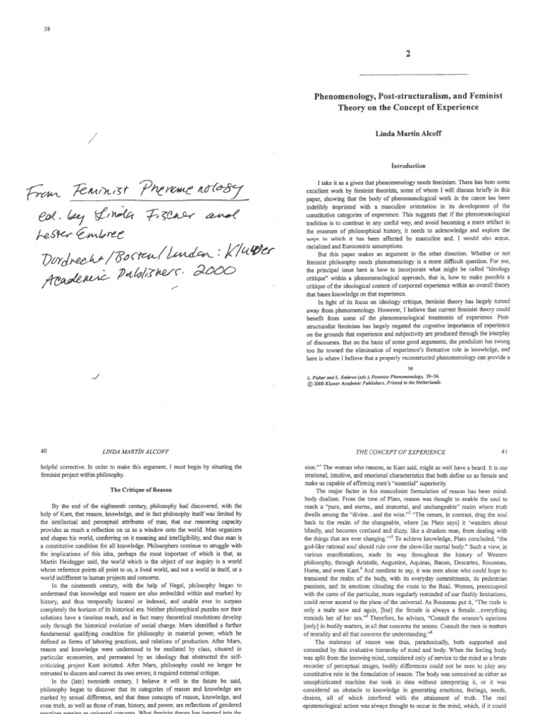 Phenomenology Post Structuralism and Feminist Theory On The Concept of ...