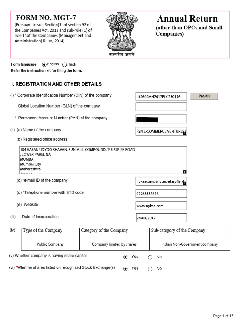 Annual Return Form MGT-7 Overview | PDF | Securities (Finance) | Share ...