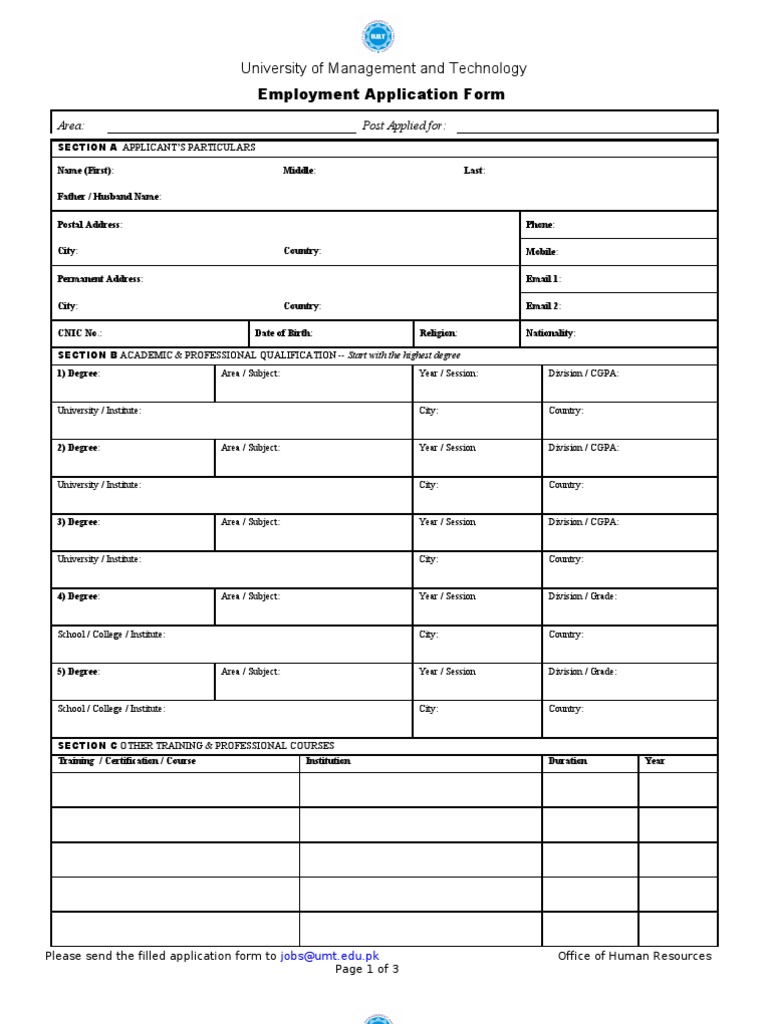 UMT Job Application Form | PDF | Grading (Education) | College