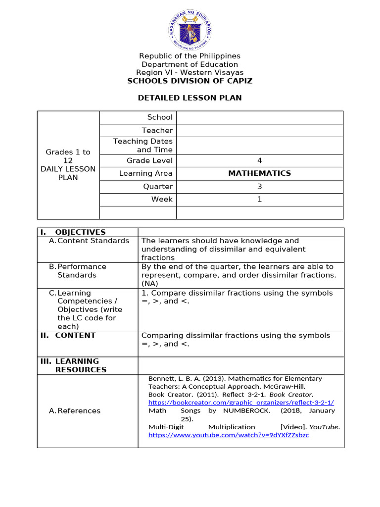 Comparing Dissimilar Fractions Lesson Plan | PDF | Mathematics | Learning