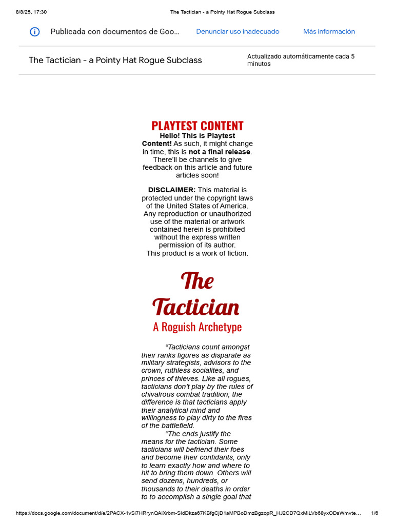 The Tactician - A Pointy Hat Rogue Subclass | PDF