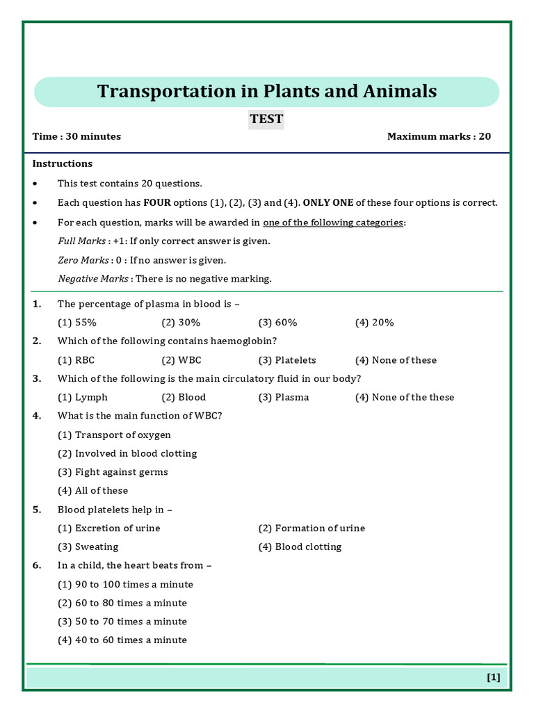 Class 7 Blood and Circulatory System Test | PDF | Artery | Vein