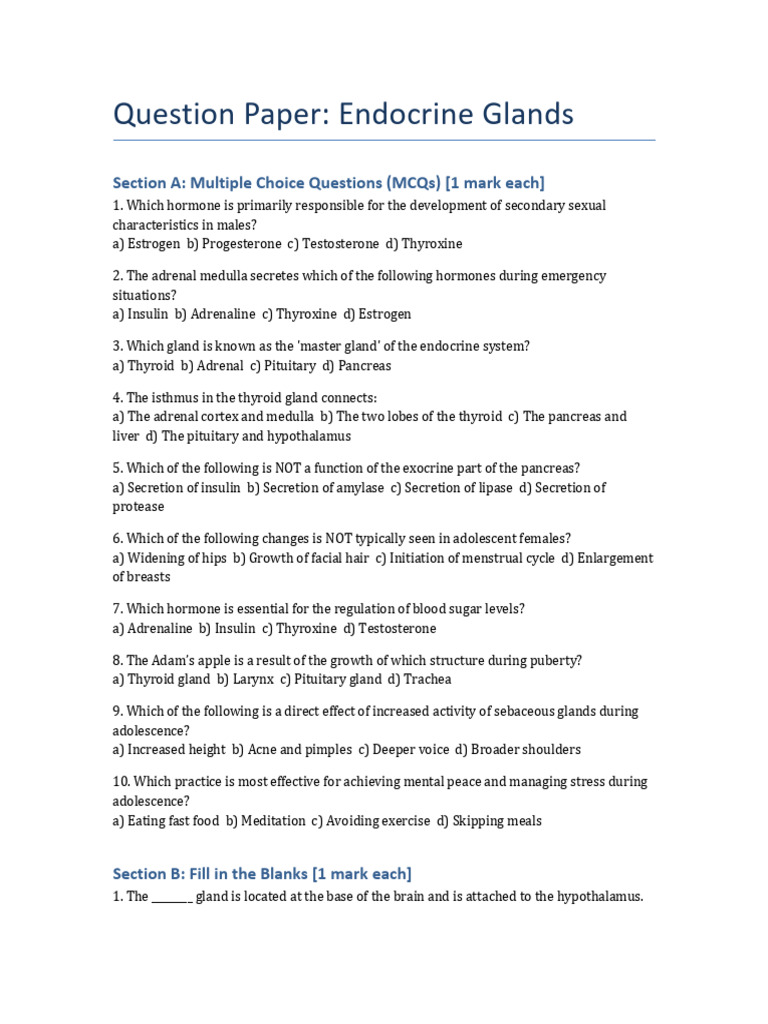Endocrine Glands: MCQs & Answers | PDF | Endocrine System | Pancreas