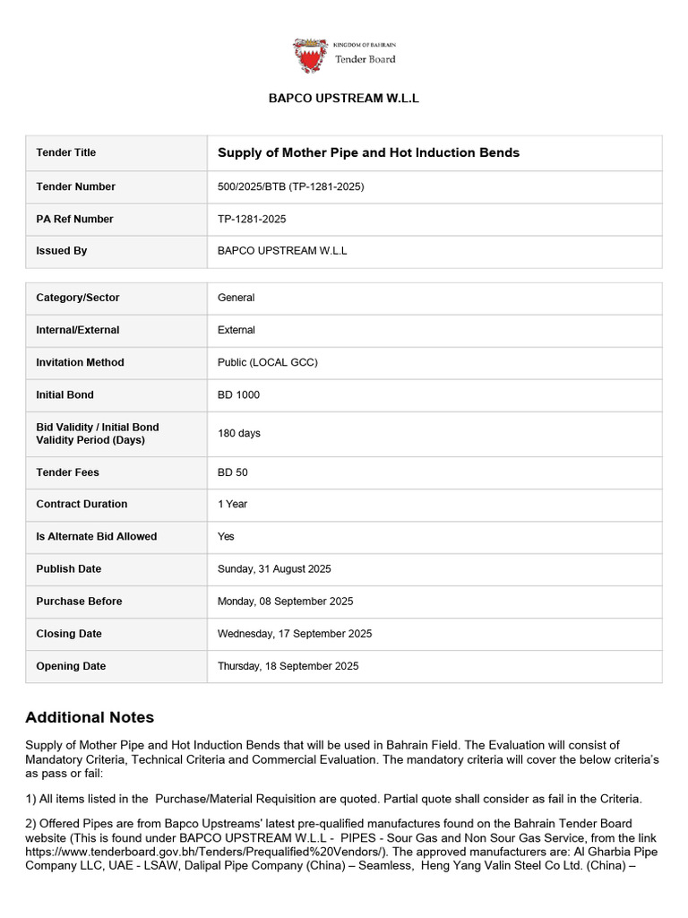 BAPCO Tender: Mother Pipe Supply 2025 | PDF | Bonds (Finance)