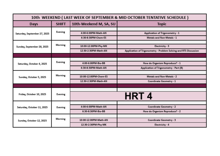 10th Weekend (Last Week of September & Mid October Tentative Schedule ...