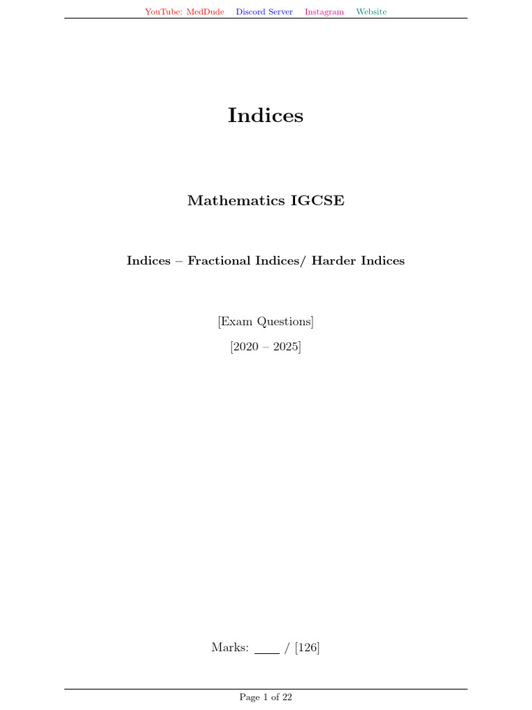 Indices - IGCSE Question Booklet | PDF | Chess Theory | Chess