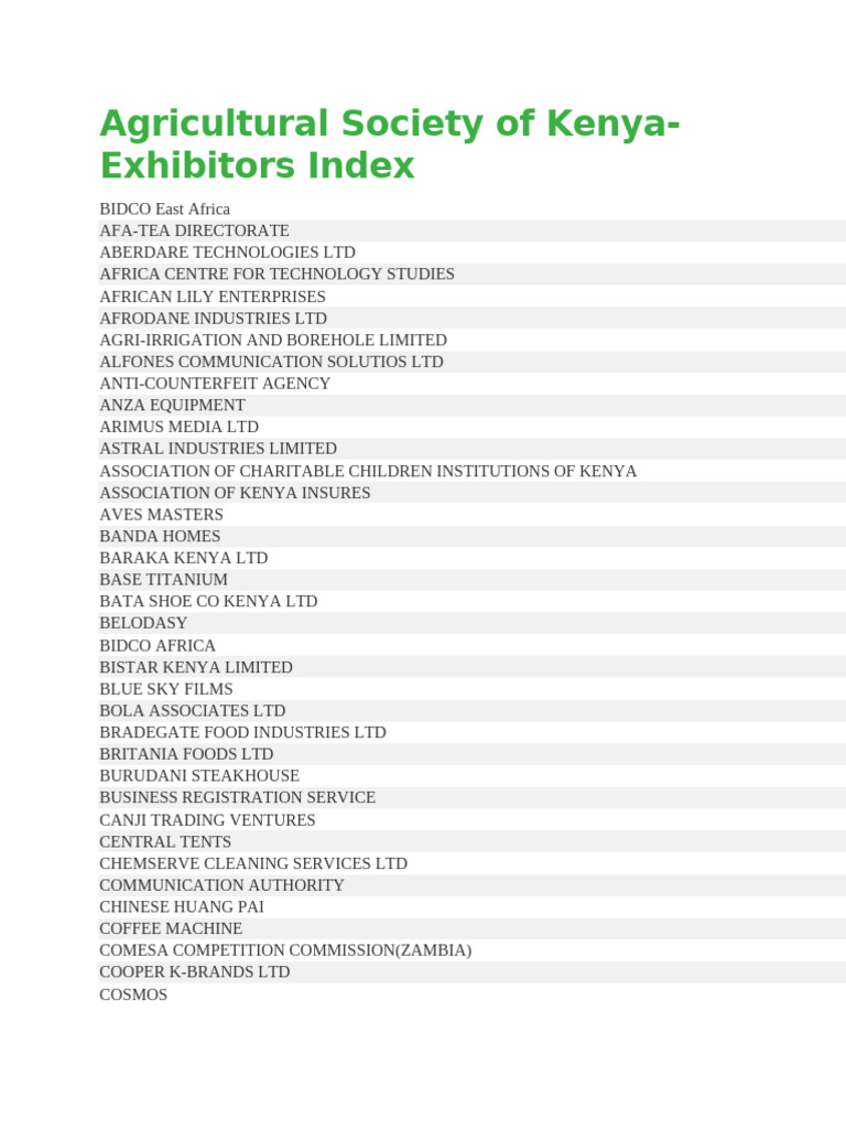 Exhibitors Index for Agricultural Society of Kenya | PDF | Kenya
