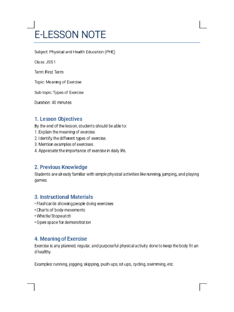 PHE JSS1 Lesson Note-1 Phoenix | PDF
