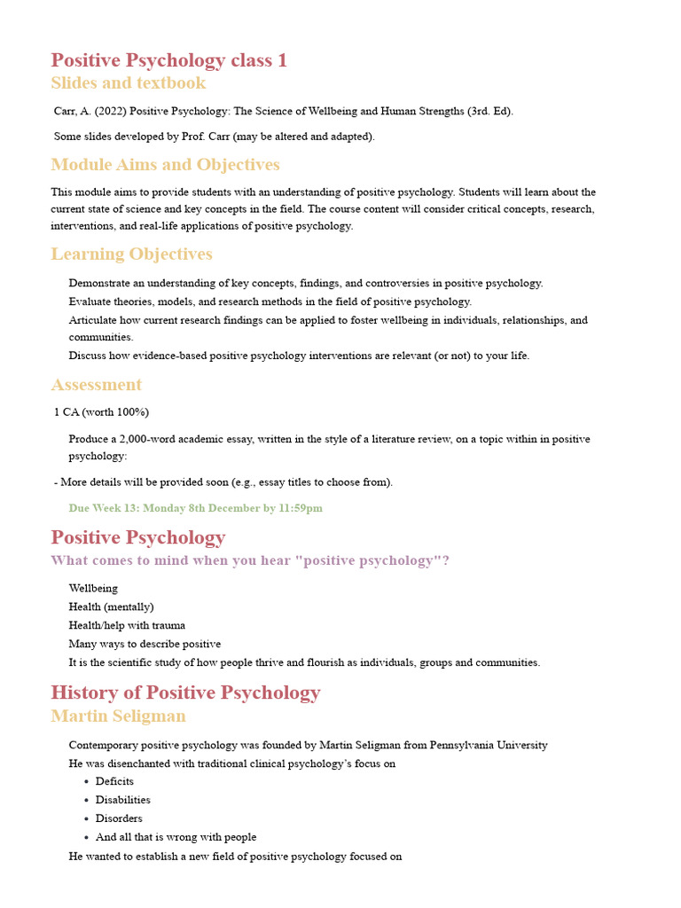 Positive Psychology Class 1 | PDF | Well Being | Positive Psychology